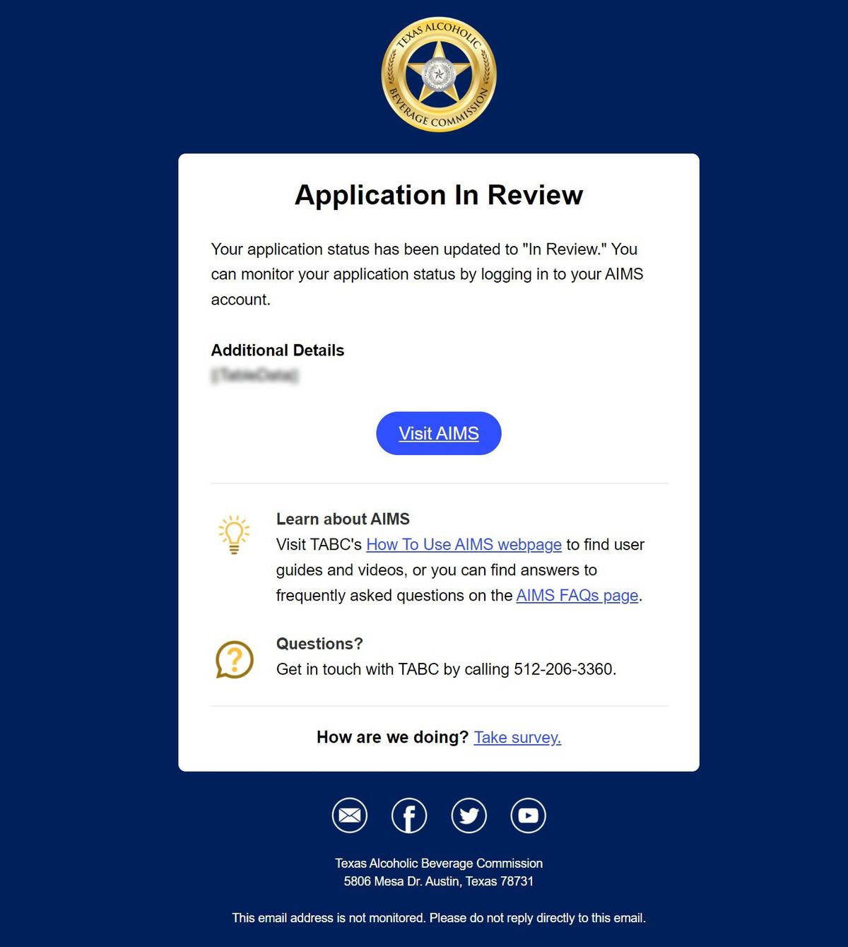 INDUSTRY NOTICE: Update to AIMS emails in July | TABC